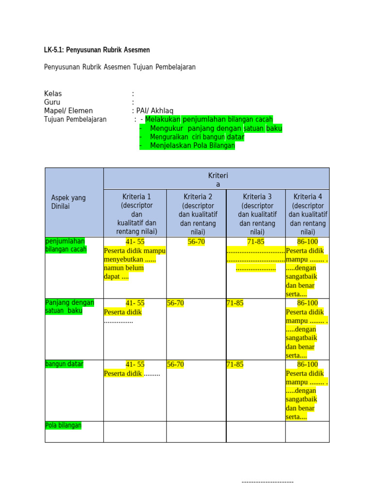 CONTOH LK 5. K2. Penyusunan Rubrik Asesmen | PDF