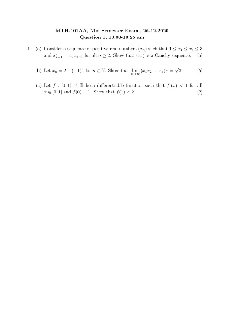 MTH-101AA Mid Semester Exam Questions | PDF