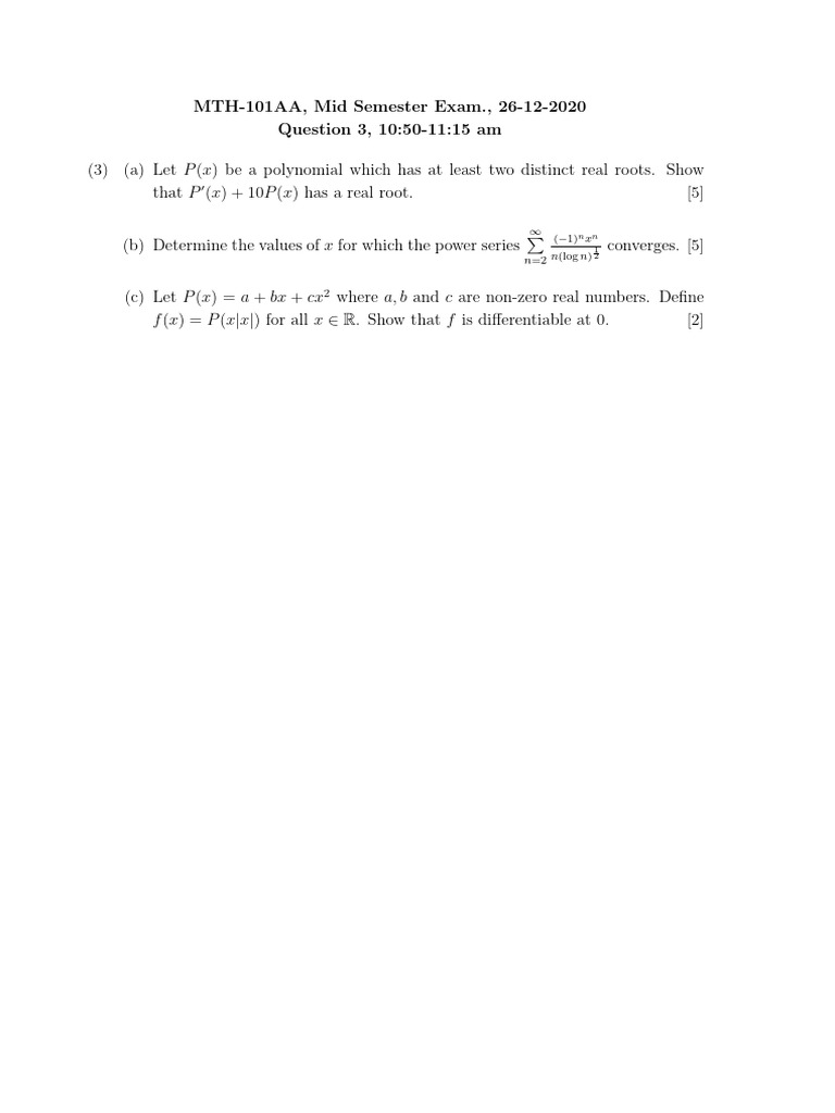 MTH-101AA Mid Semester Exam Questions | PDF