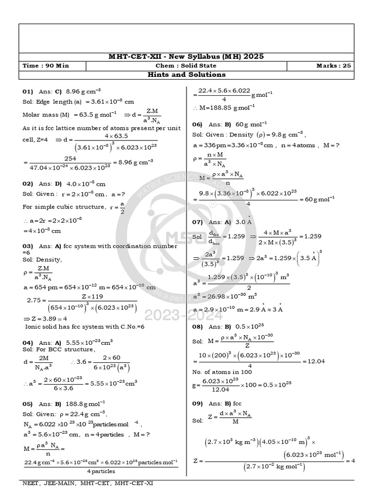 Solid State Numerical Solutions | PDF | Crystal Structure | Mole (Unit)