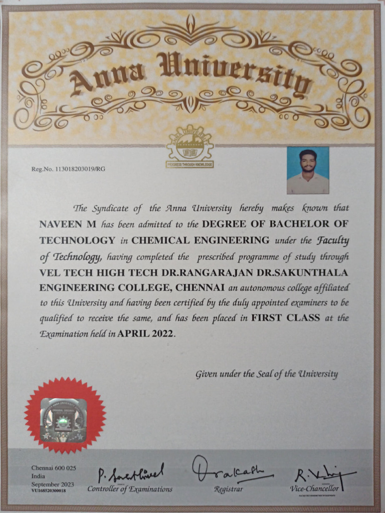 Anna University B.Tech Certificate Notice | PDF