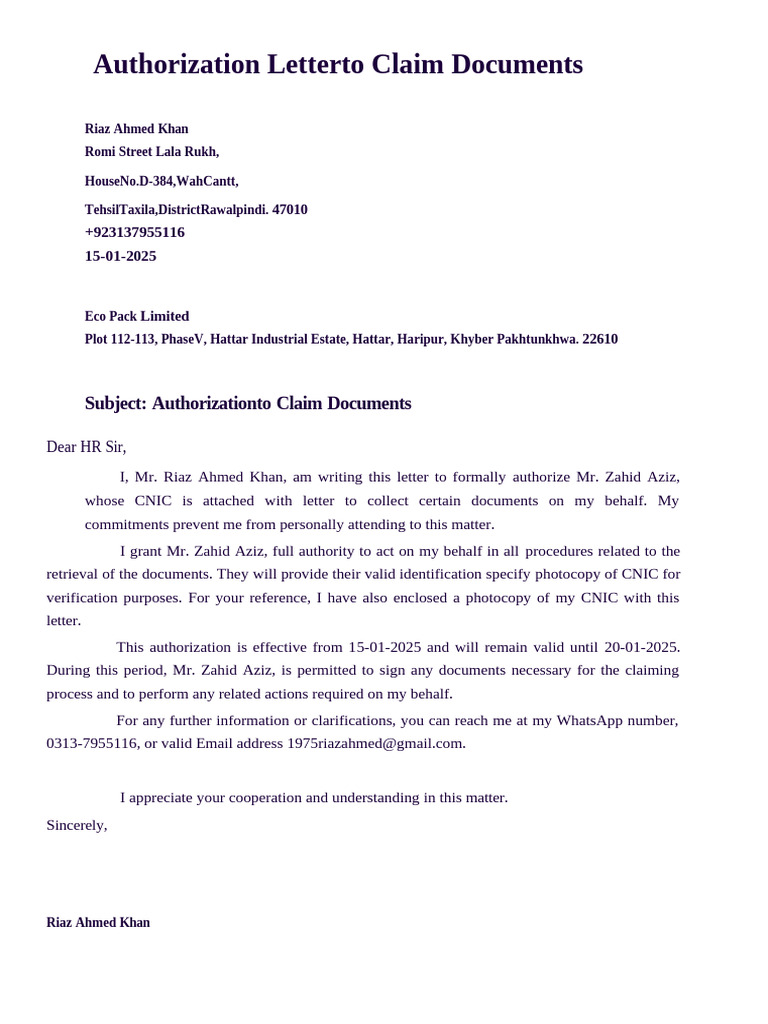 Authorization Letter Example To Claim Documents - Example | PDF