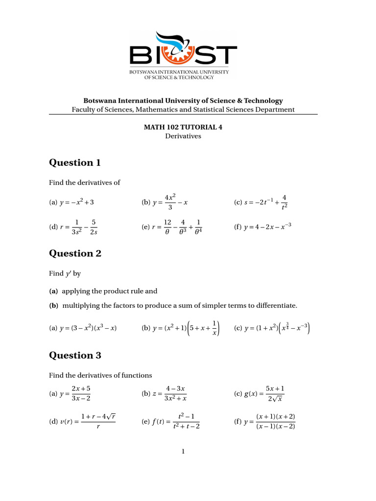 Derivatives Tutorial for MATH 102 | PDF | Mathematics | Mathematical ...