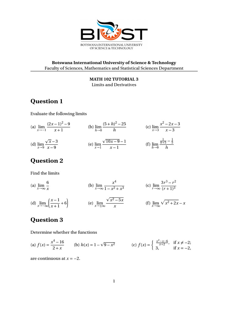MATH 102 Tutorial 3 - Limits and Derivatives | PDF | Function (Mathematics) | Tangent