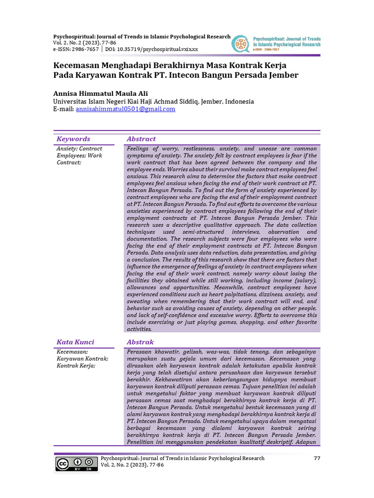 Artikel 2 - Kecemasan Menghadapi Berakhirnya Masa Kontrak Kerja Pada Karyawan Kontrak PT ...