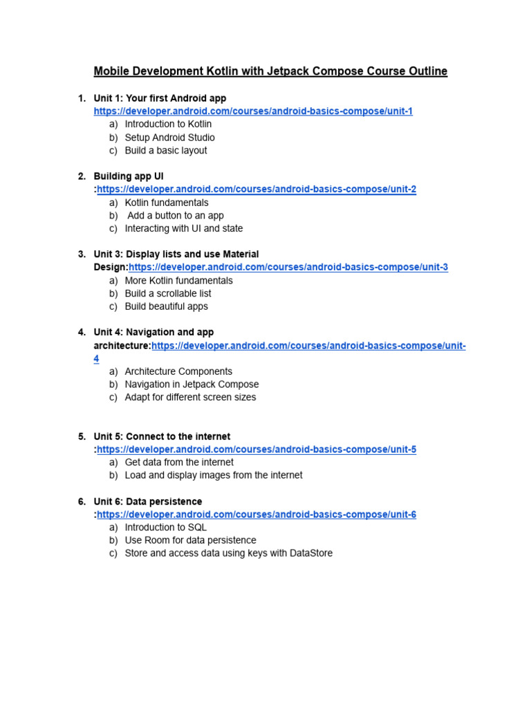 Mobile Development Kotlin With Jetpack Compose Course Outline | PDF
