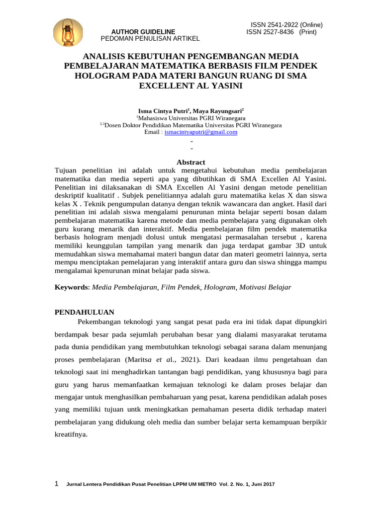 Analisis Kebutuhan Pengembangan Media Pembelajaran Matematika Berbasis Film Pendek Hologram Sma ...