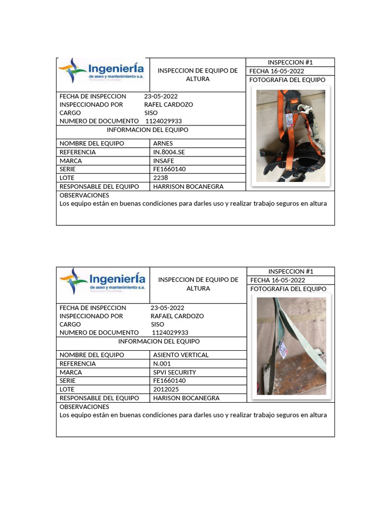 Inspeccion de Equipo de Altura | PDF | Acero | Hierro