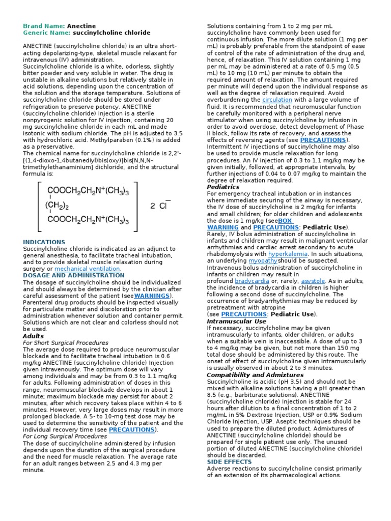 Succinylcholine (Anectine) Overview | PDF | Anesthesia | Medical ...