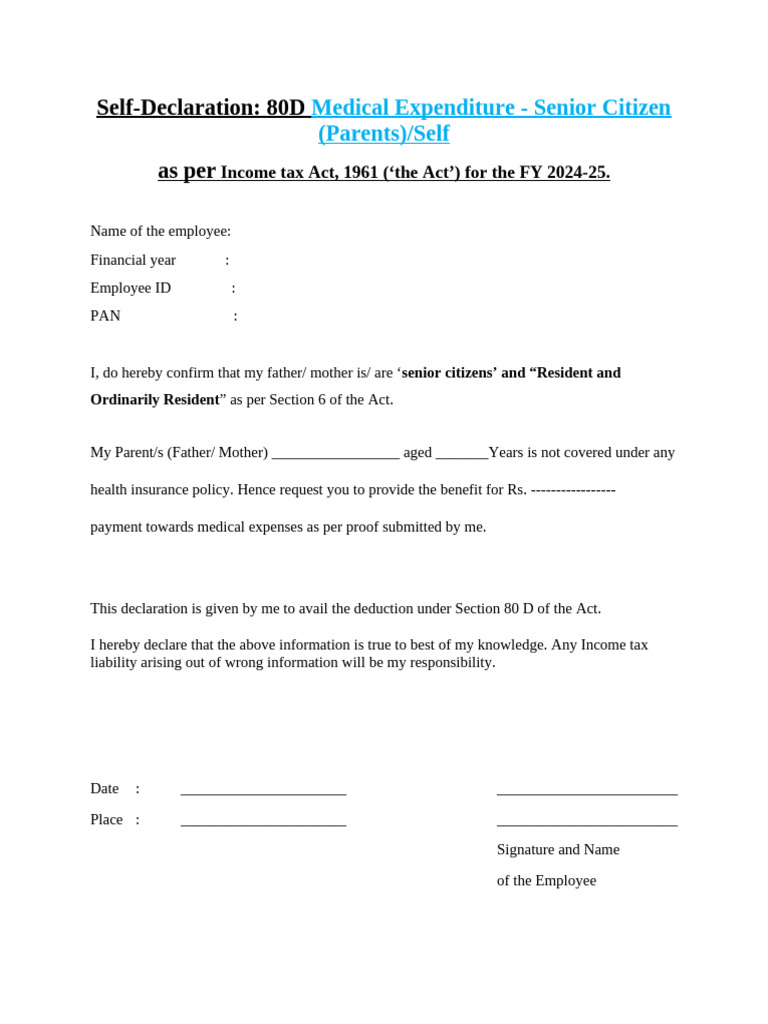 80D Self Declaration Medical Expenditure for Senior Citizen Parents or Self (1) | PDF
