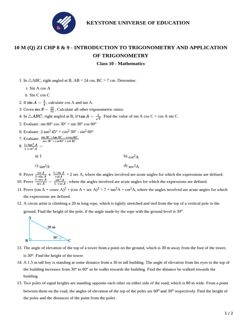 10 M (Q) CHP 8 & 9 Introduction To Trigonometry and Application of Trigonometry | PDF ...