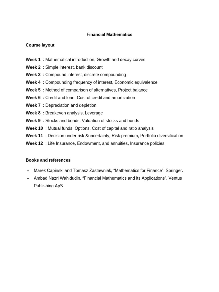 Financial Mathematics Course Overview | PDF