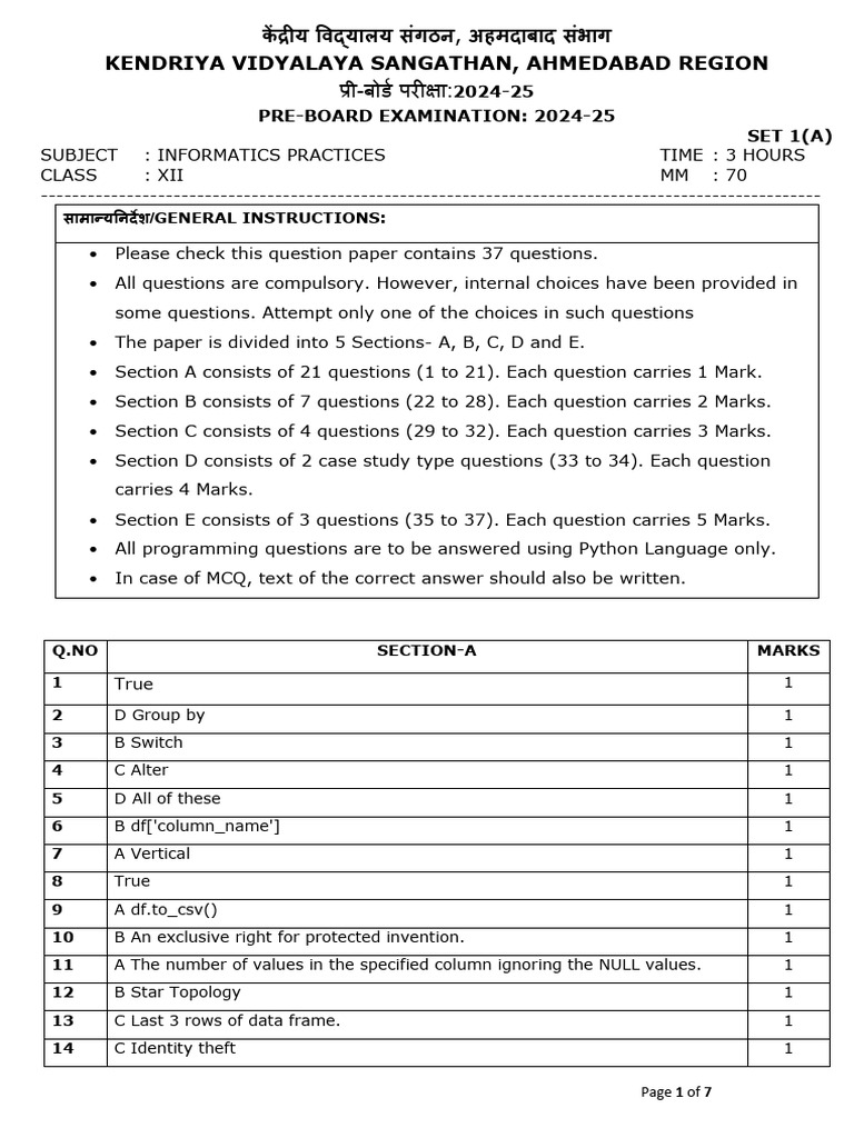 Informatics Practices Name Xii Ms PB 2024 25 Set 1 (A) | PDF | World Wide Web | Internet & Web