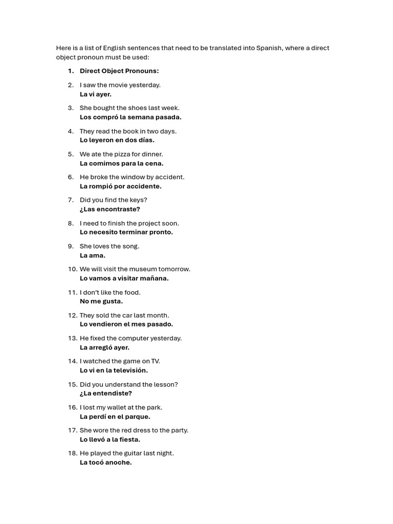 Translation Exercise Eng To Spanish Using Direct and Indirect Object ...