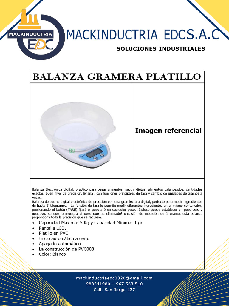 Ficha Tecnica Balanza Con Platillo PVC | PDF