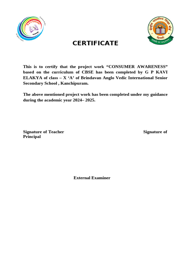 Consumer Awareness Project Certificate | PDF