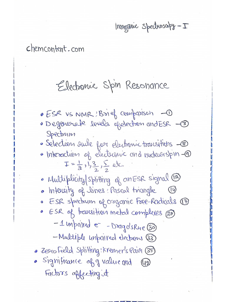 Electron Spin Resonance (ESR - Spectroscopy) Handwritten Notes ...