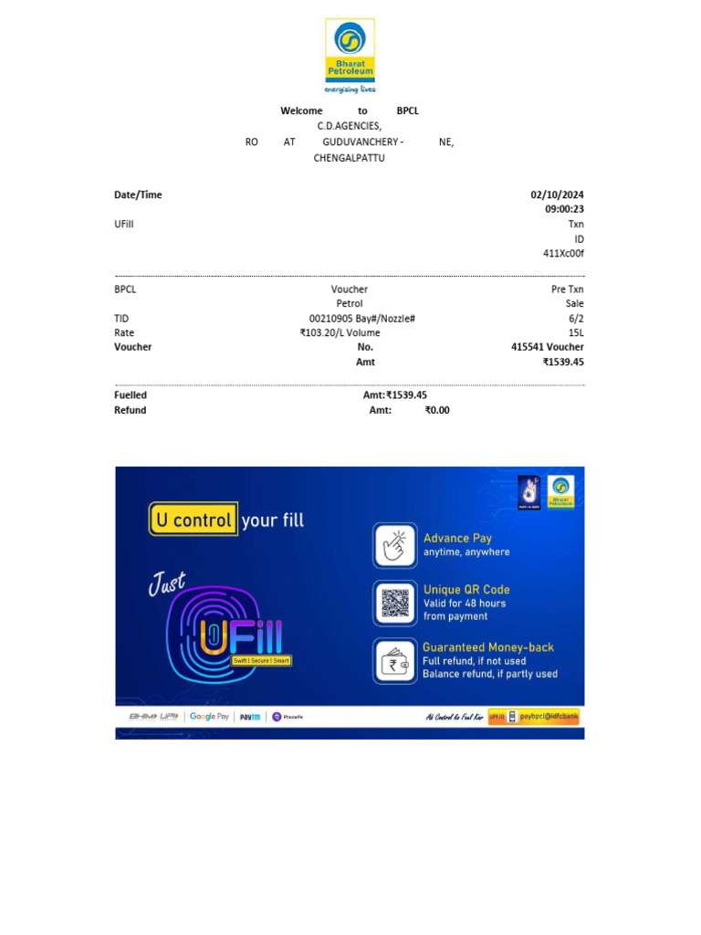 BPCL Petrol Sale Guduvanchery Receipt | PDF