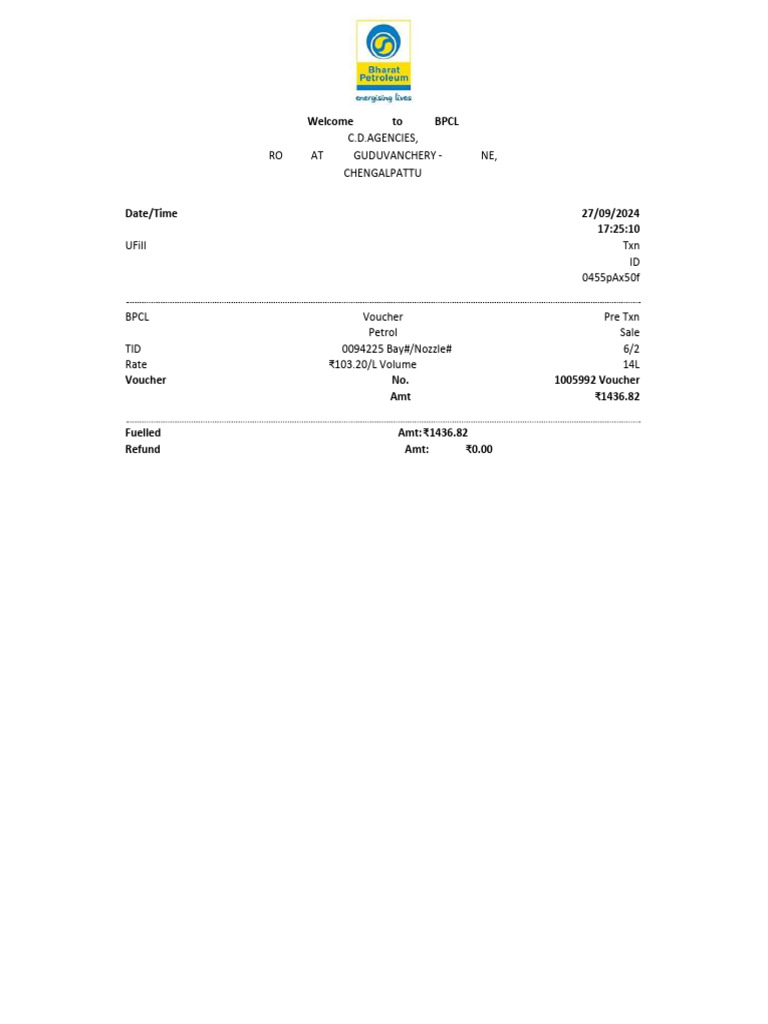 BPCL Fuel Sale Receipt - Guduvanchery | PDF