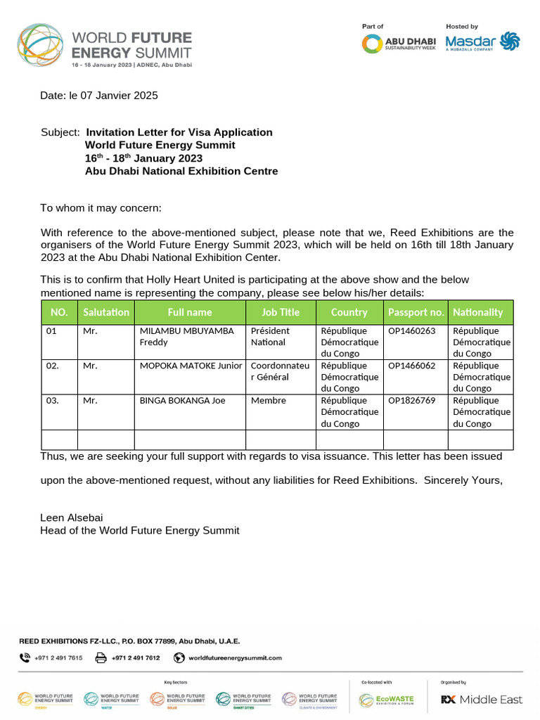 Visa Invitation for World Future Energy Summit | PDF