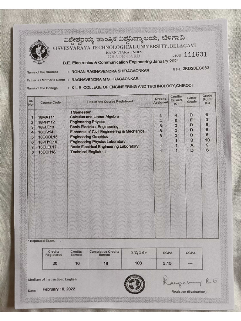 1st Sem Vtu Results | PDF