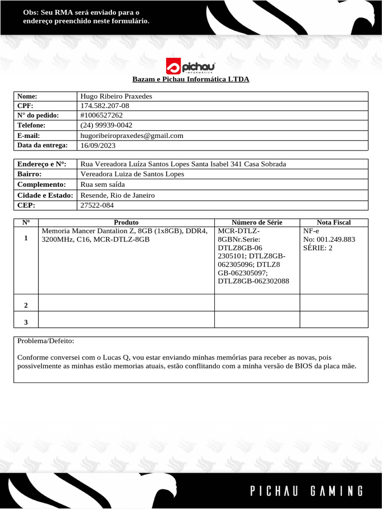 Formulário - RMA Pichau 2024 (2) | PDF | Informática