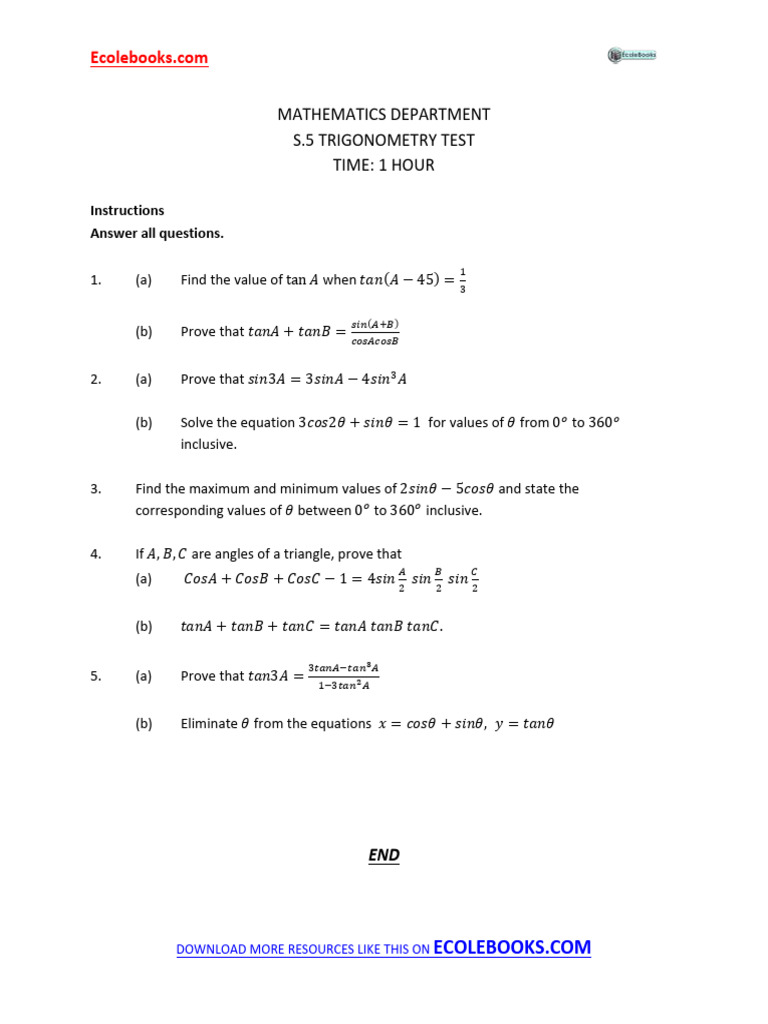 s.5 Mathematics Test Trigonometry Revision Past Papers | PDF