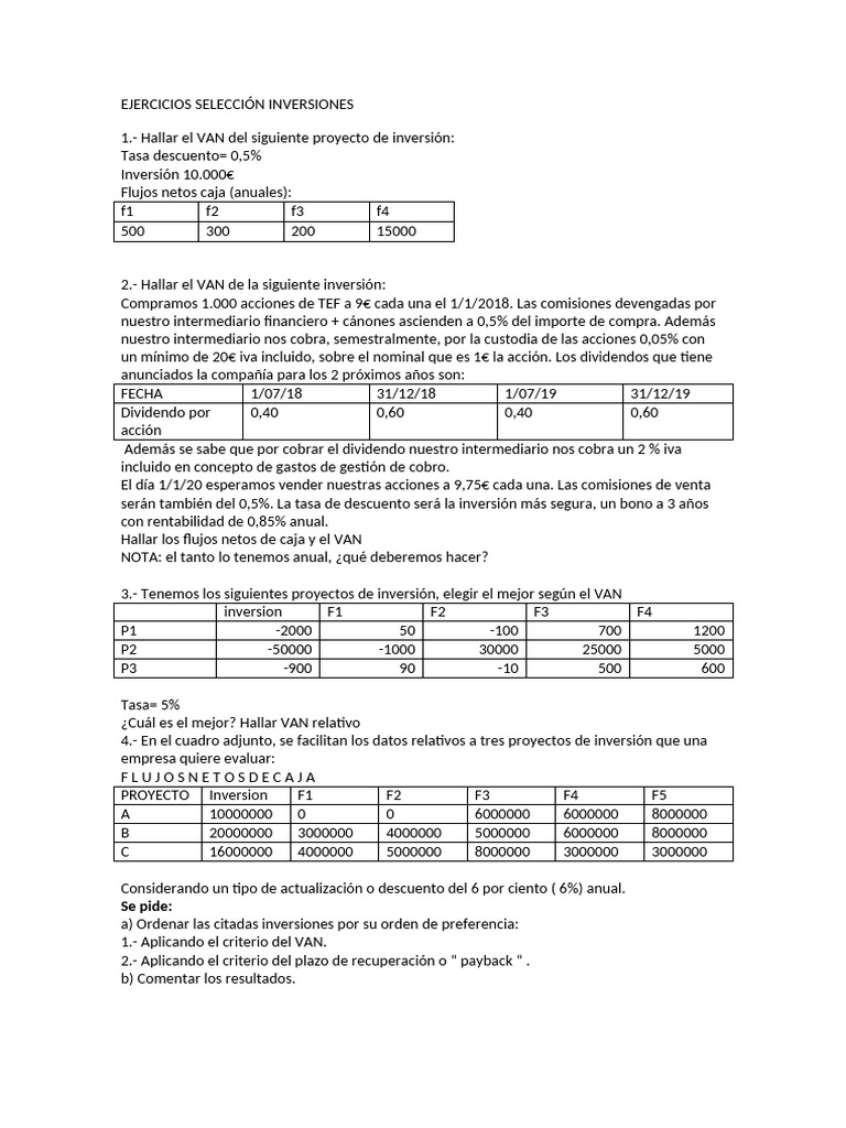 Ejercicios Selección Inversiones | PDF | Compartir (Finanzas) | Business