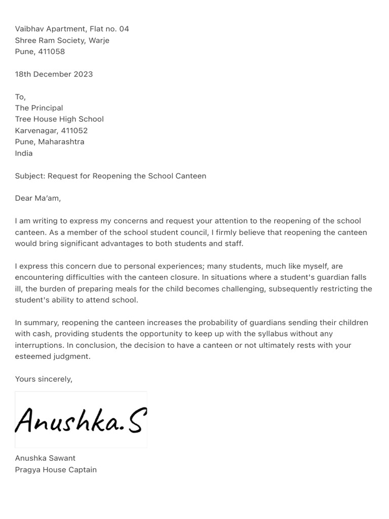 Final Letter to Principal Mam Abt Canteen | PDF