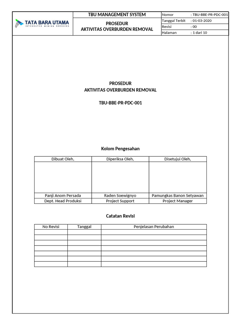 1.TBU BBE PR PDC 001 Prosedur Overburden Dan Removal | PDF