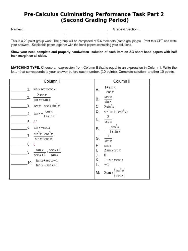 Pre Calculus Cpt Part 2 2nd Grading | PDF