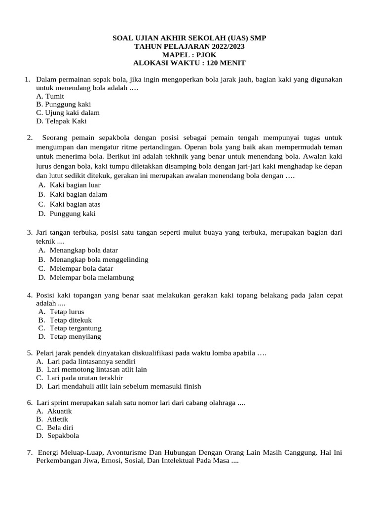 Soal Ujian Akhir Sekolah Pjok 2023 | PDF