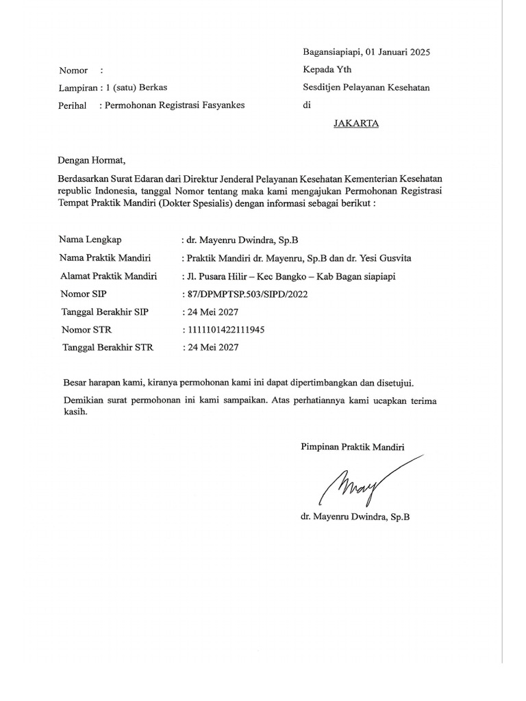 Surat Permohonan Register Fasyankes Enru | PDF