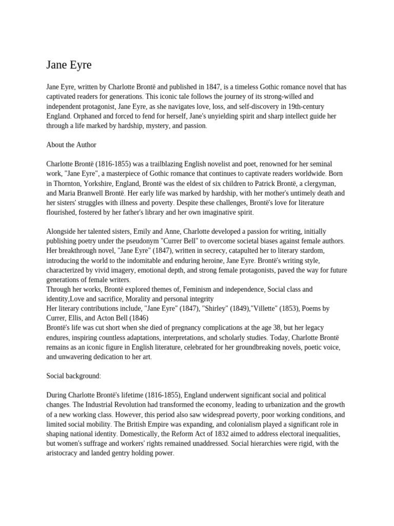 Jane Eyre, Written by Charlotte Brontë and Published in 1847, Is A ...