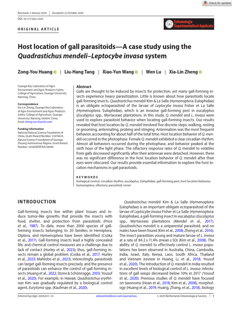 Entomologia Exp Applicata - 2024 - Huang - Host Location of Gall ...