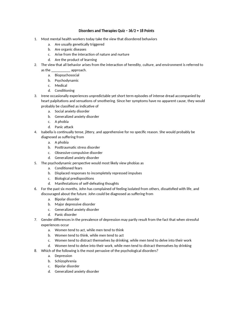 Mental Health Quiz for Students | PDF | Mental Disorder | Anxiety