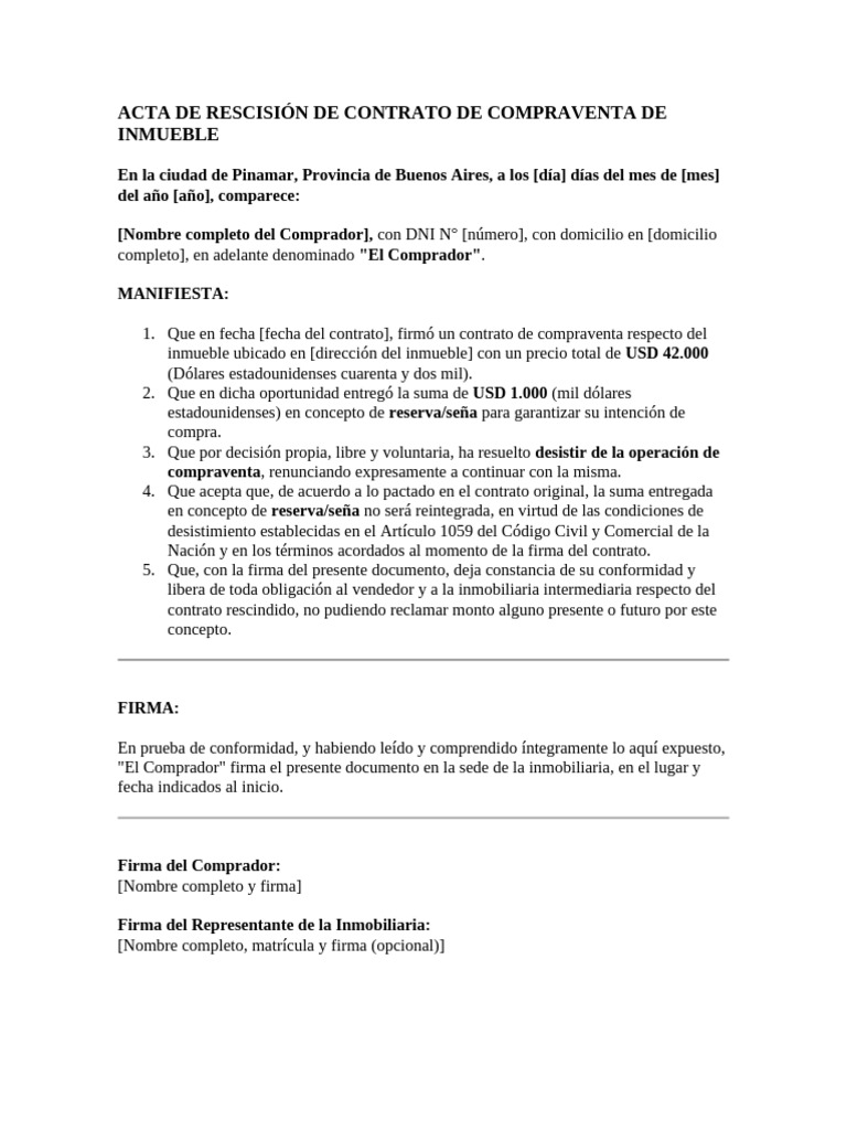 Acta de Rescisión de Contrato de Compraventa de Inmueble | PDF