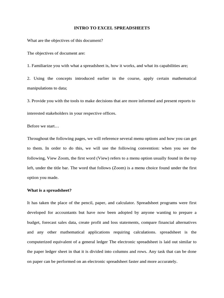 INTRO TO EXCEL SPREADSHEETS Lecture | PDF | Spreadsheet | Microsoft Excel