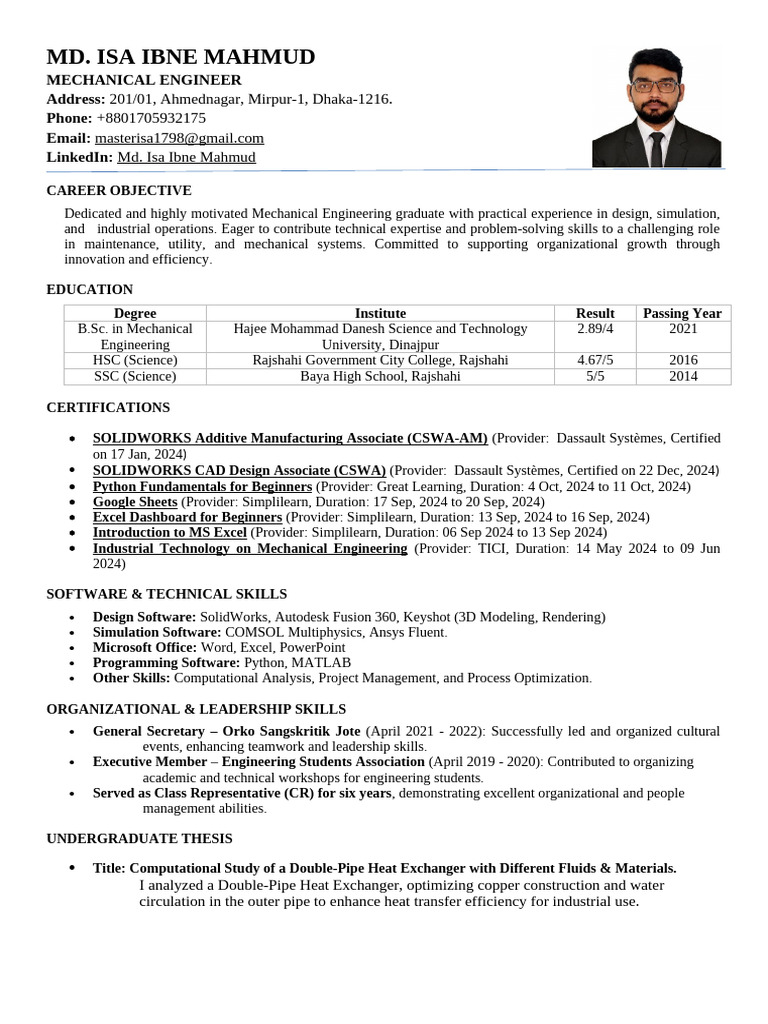 CV of MD. ISA IBNE MAHMUD | PDF | Heat Exchanger | Unmanned Aerial Vehicle