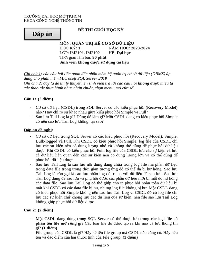 DapAn DeLT QTHCSDL HK1 2324 Dot1 | PDF