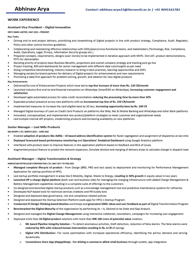 Abhinav Arya Resume Dec24 | PDF | Analytics | Startup Company