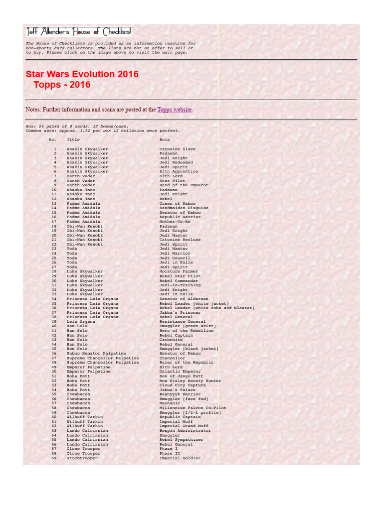 Star Wars Evolution 2016 Checklist | PDF | Jedi | Darth Vader