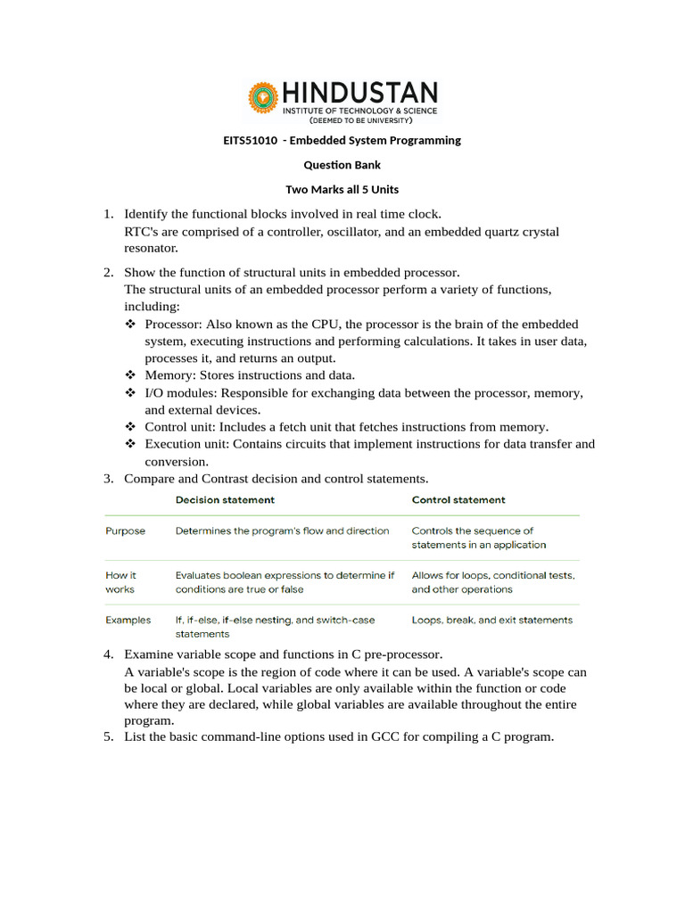 Embedde-Question Bank 2 Marks | PDF | Embedded System | Central Processing Unit
