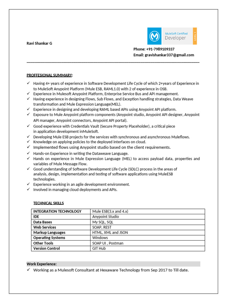 Mulesoft Developer Resume Summary | PDF | Web Service | Databases