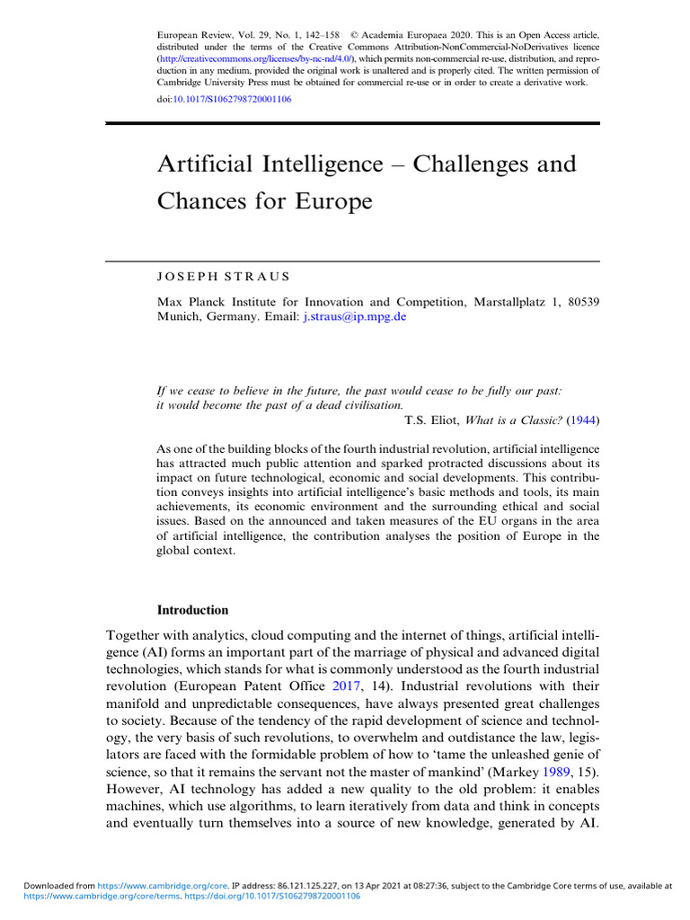Artificial Intelligence Challenges and Chances For Europe | PDF ...