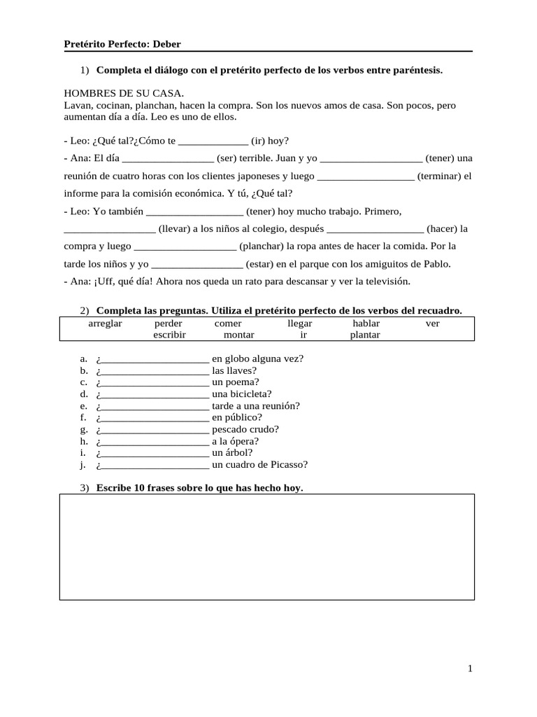 Ejercicios de Pretérito Perfecto en Español | PDF