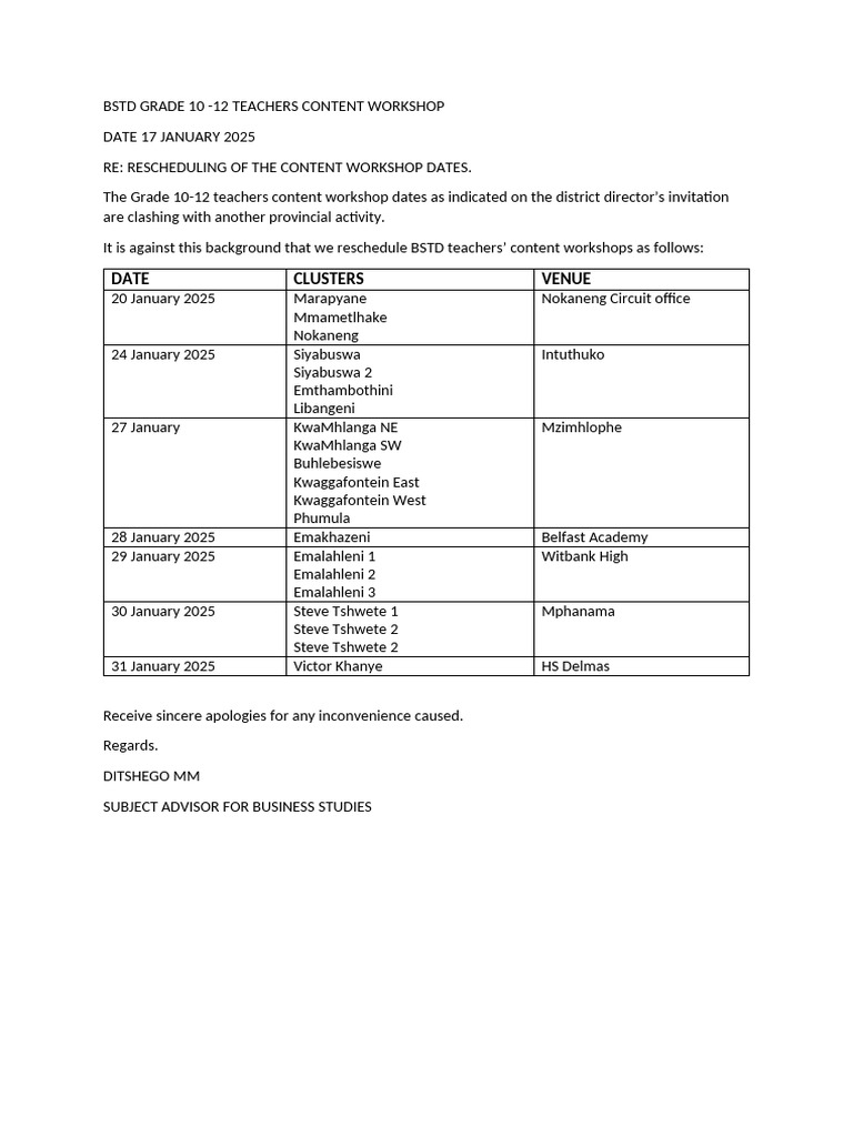 BSTD Content Workshop Rescheduling | PDF