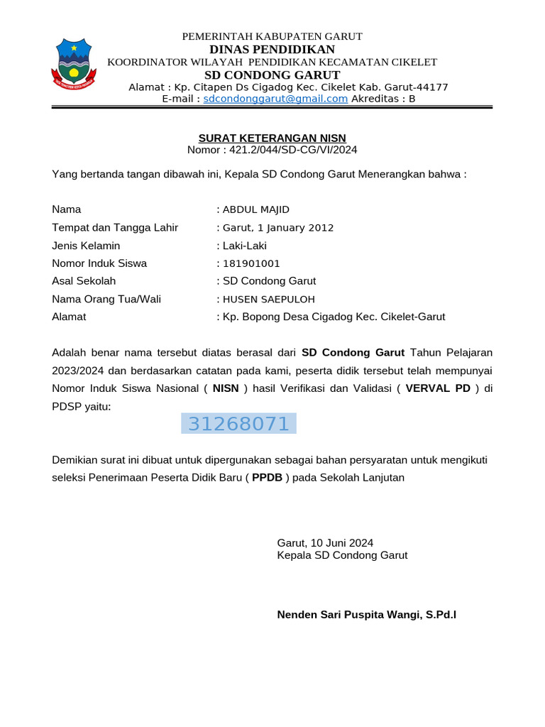SURAT KETERANGAN NISN SISWA KELAS 6 | PDF