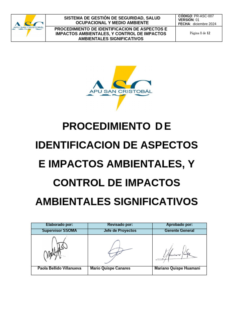 Procedimiento de Indentificacion de Aspectos e Impactos Ambientales, y Control Impactos ...