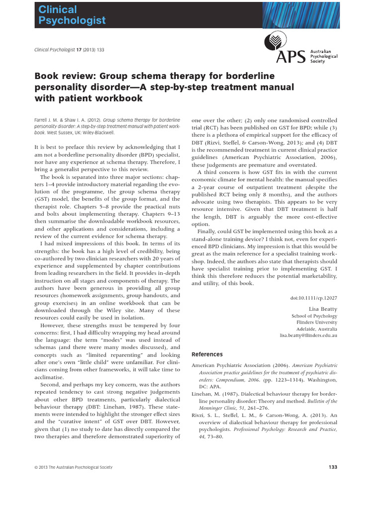 Book Review: Group Schema Therapy For Borderline Personality Disorder-A ...